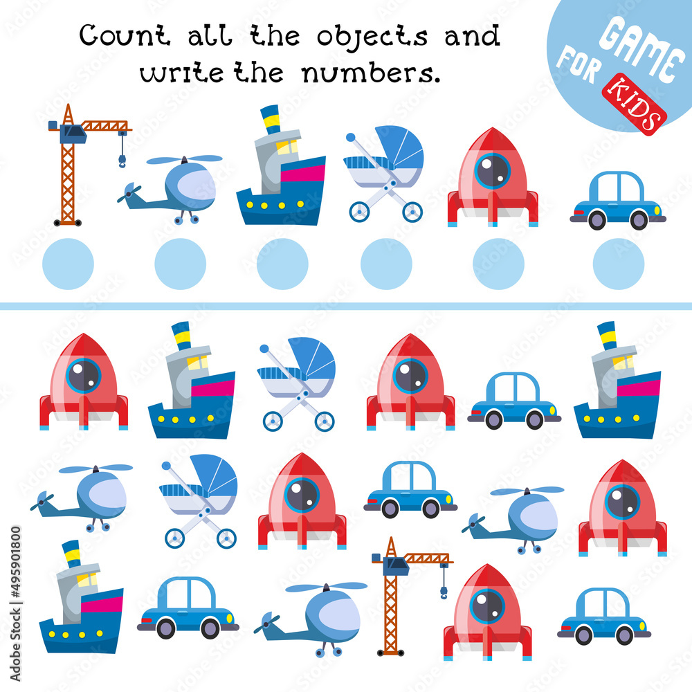 How many objects do you see here. Count and write numbers. Game for ...