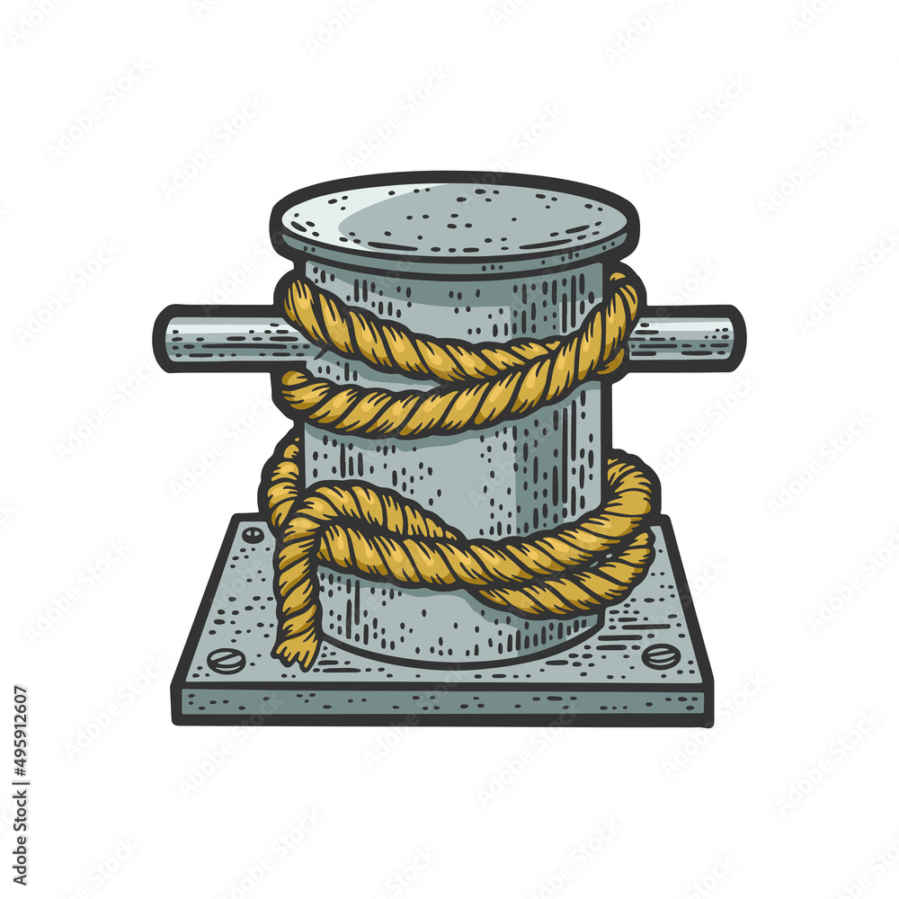 Mooring bollard bitt with rope color sketch engraving vector ...