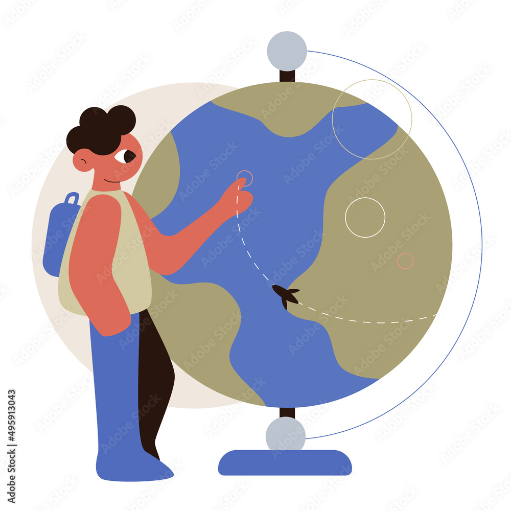 Vector flat cartoon illustration. School subject geography. Schoolboy ...