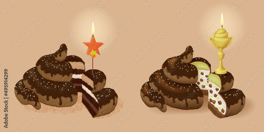 Poo cake star and cup candles. Poo cake in chocolate glaze sprinkled ...