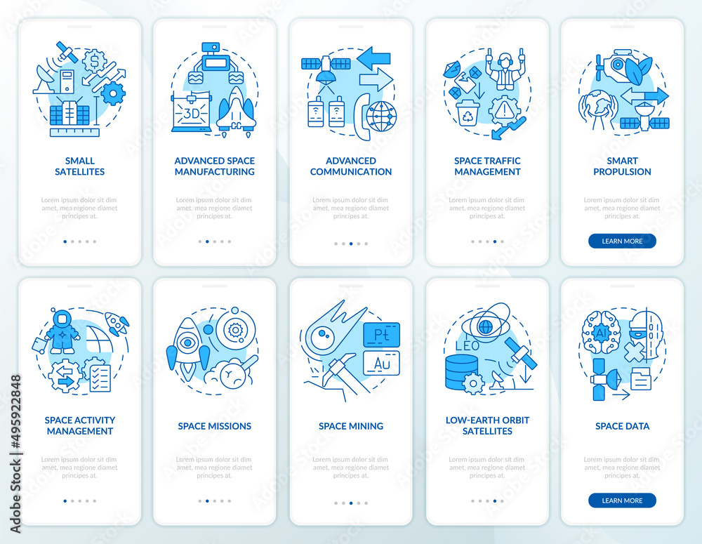 Space exploration tech blue onboarding mobile app screen set. Cosmos ...
