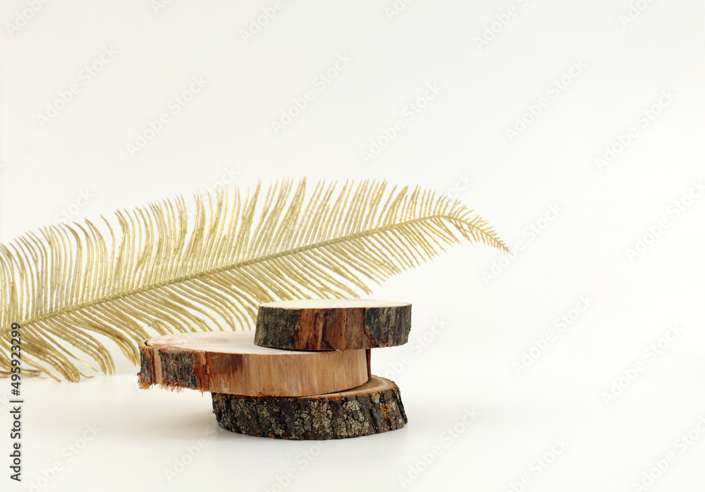 Wooden eco rustic wood circle disc platform podium and gold palm leaf ...
