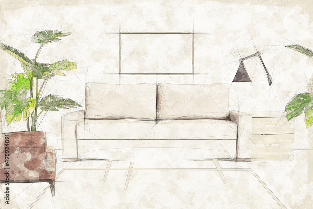 Digital sketch of the interior of a modern house. Background on the ...