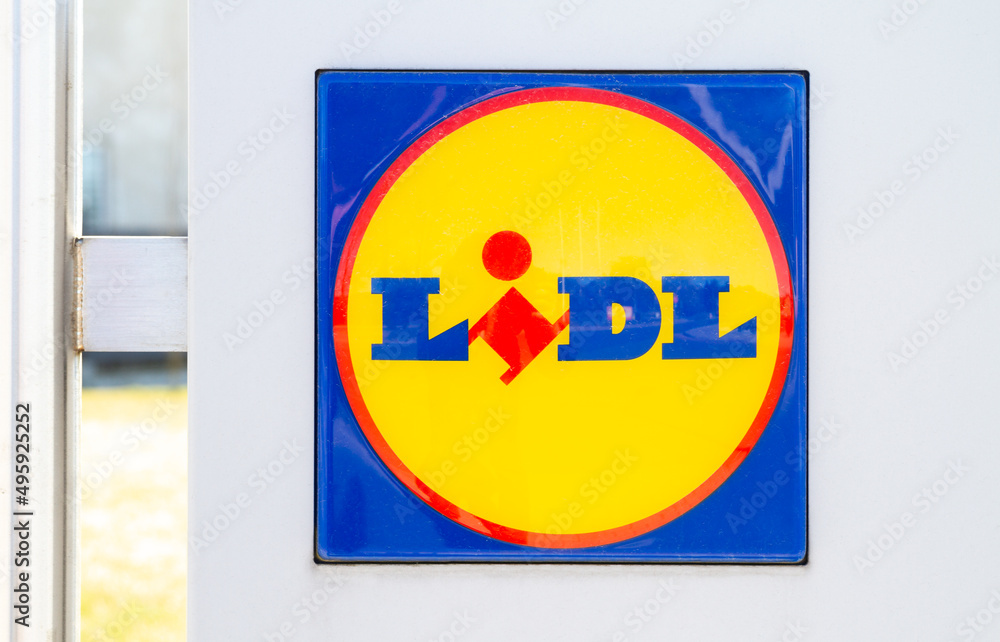Lidl shop signboard with brand logo. German international discount ...