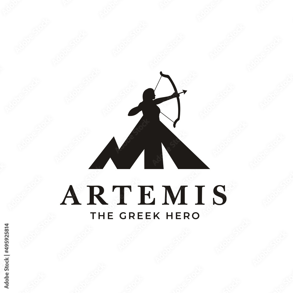 Illustration of Greek Goddess Artemis with bow and arrow logo on top of ...