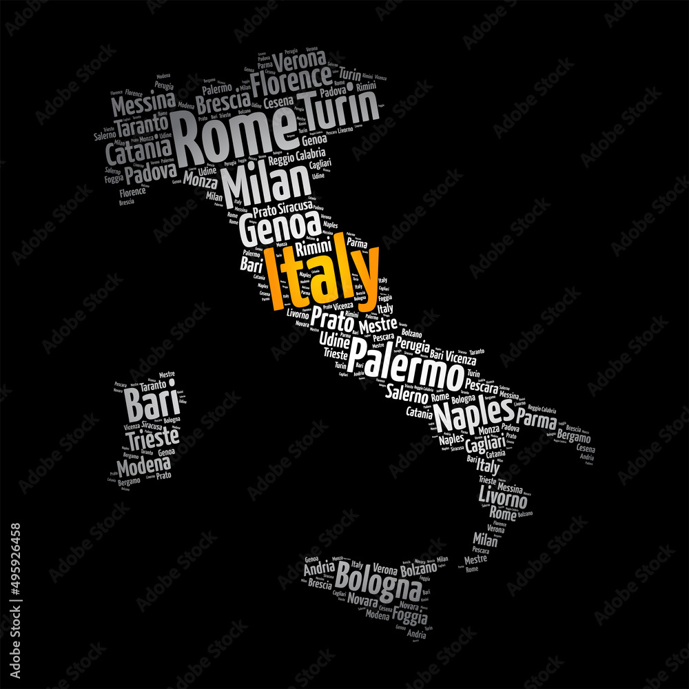List of cities in Italy, map silhouette word cloud, travel concept ...