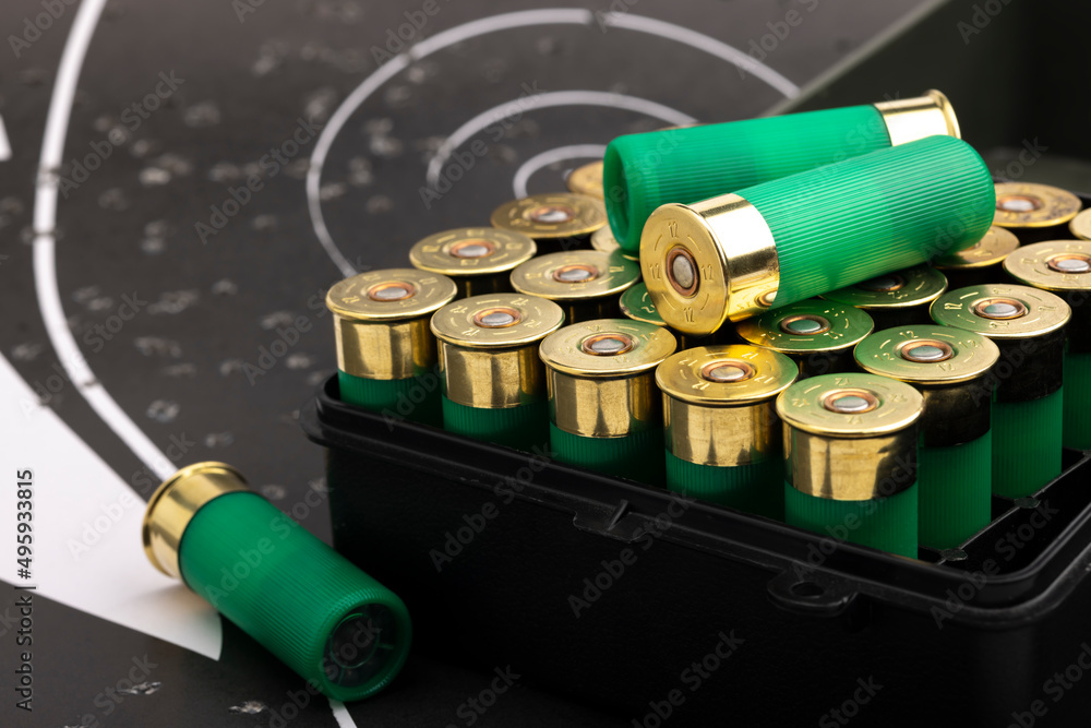12 gauge , Green shotgun shell in bullet box with gun paper target ...