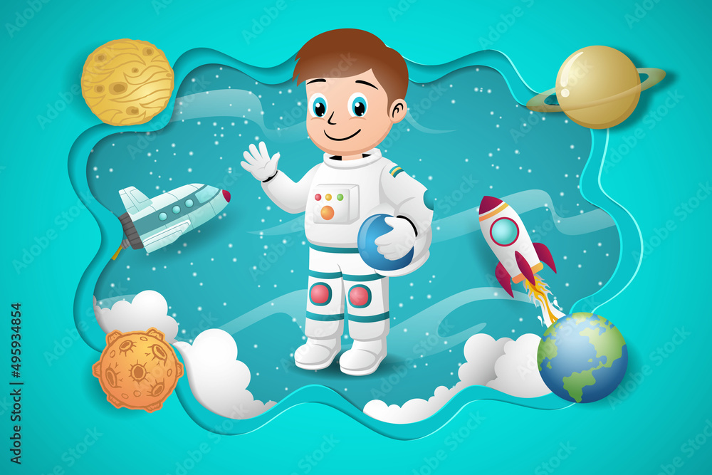 Cartoon of little boy astronaut with spaceship and planets Stock Vector ...