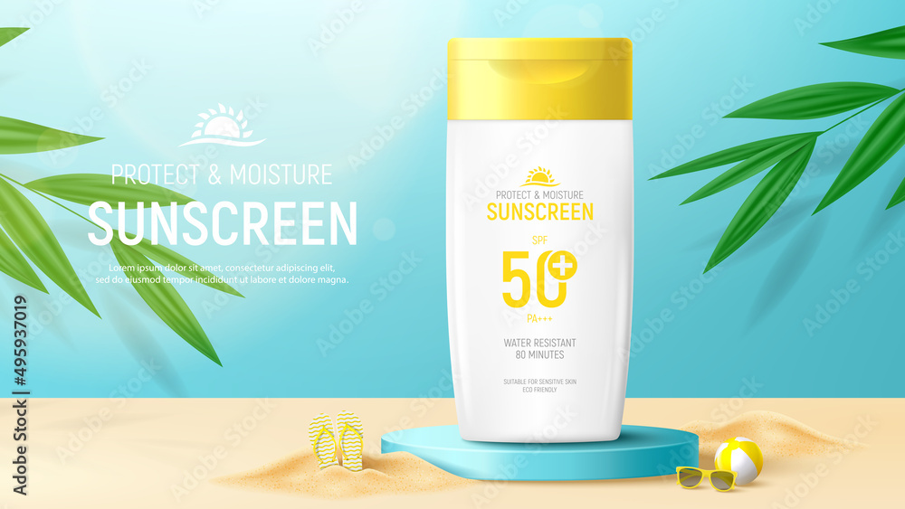 Vetor de Sunscreen ad banner template. Banner with jar of sunscreen on ...