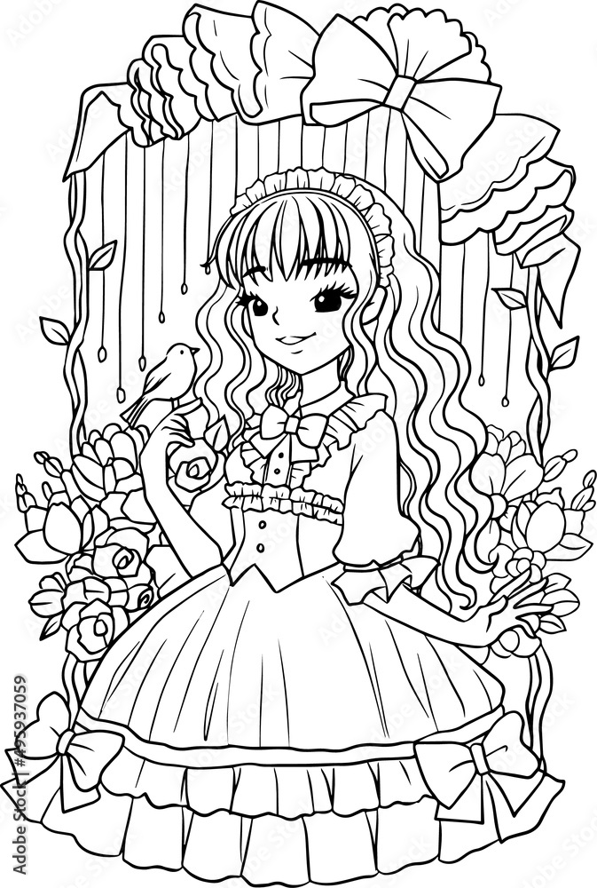 Coloring page kawaii style cute anime cartoon drawing girl in a dress ...