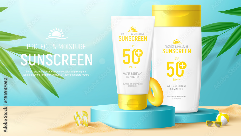 Sunscreen ad banner template. Banner with jar and tube of sunscreen on ...