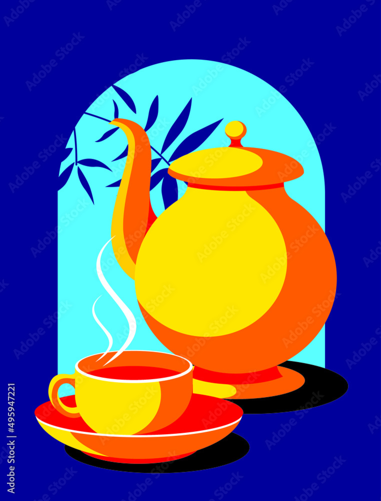 Good morning. Tea. window view with cup of tea. trendy vector ...