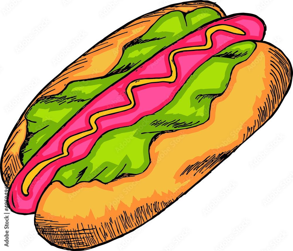 Hot dog Fast food Illustration, digital art , restaurant artwork. Tasty ...