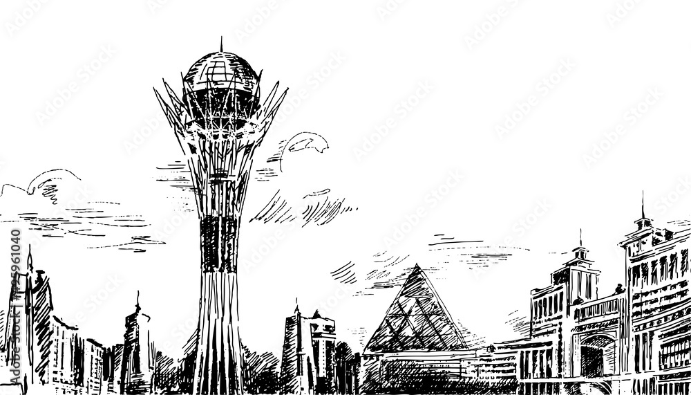 Astana city landmark Kazakhstan silhouette outline sketch drawing ...