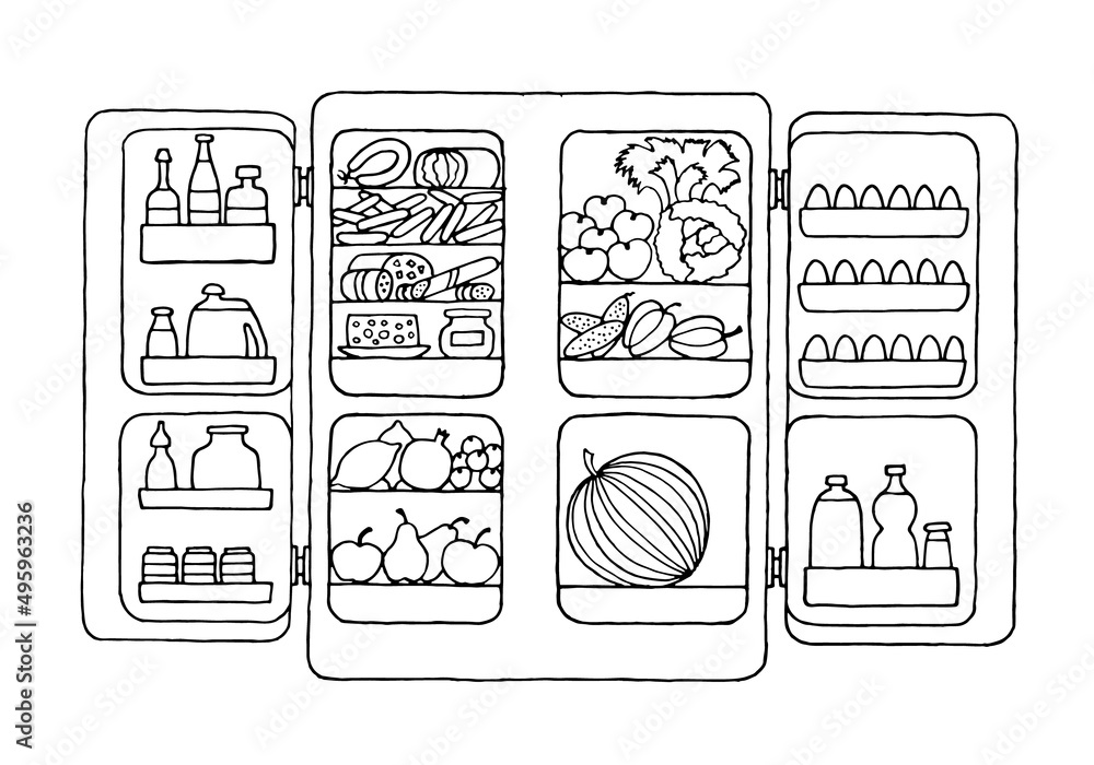 The refrigerator with the door open is filled with food, drinks, meat ...