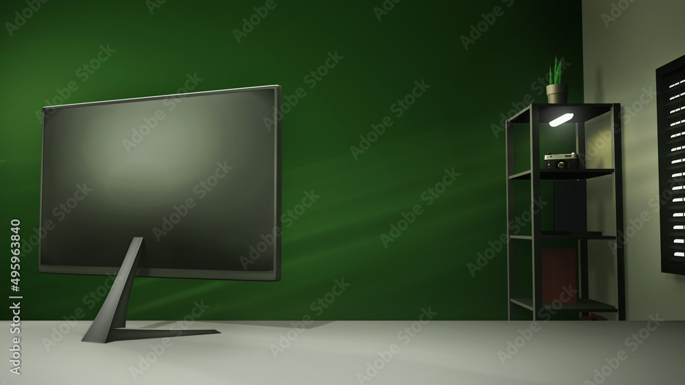 Virtual background of a home or office room with a desk and a monitor ...