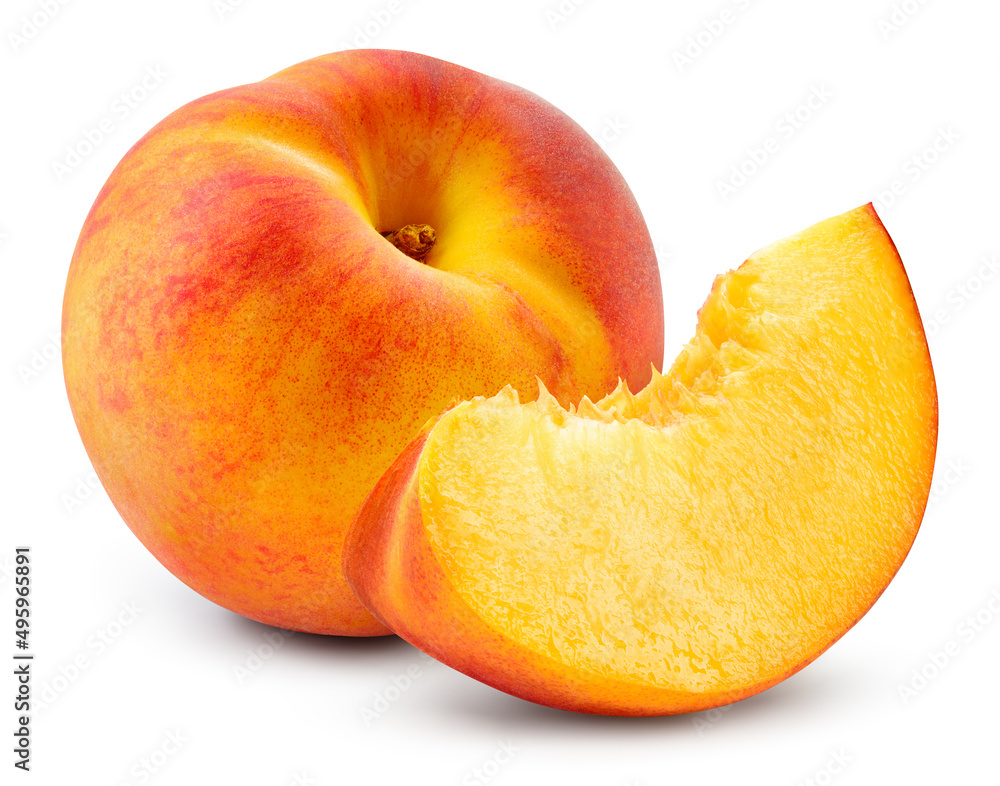 Peach isolated. Whole peach with slice on white background. Peach fruit ...