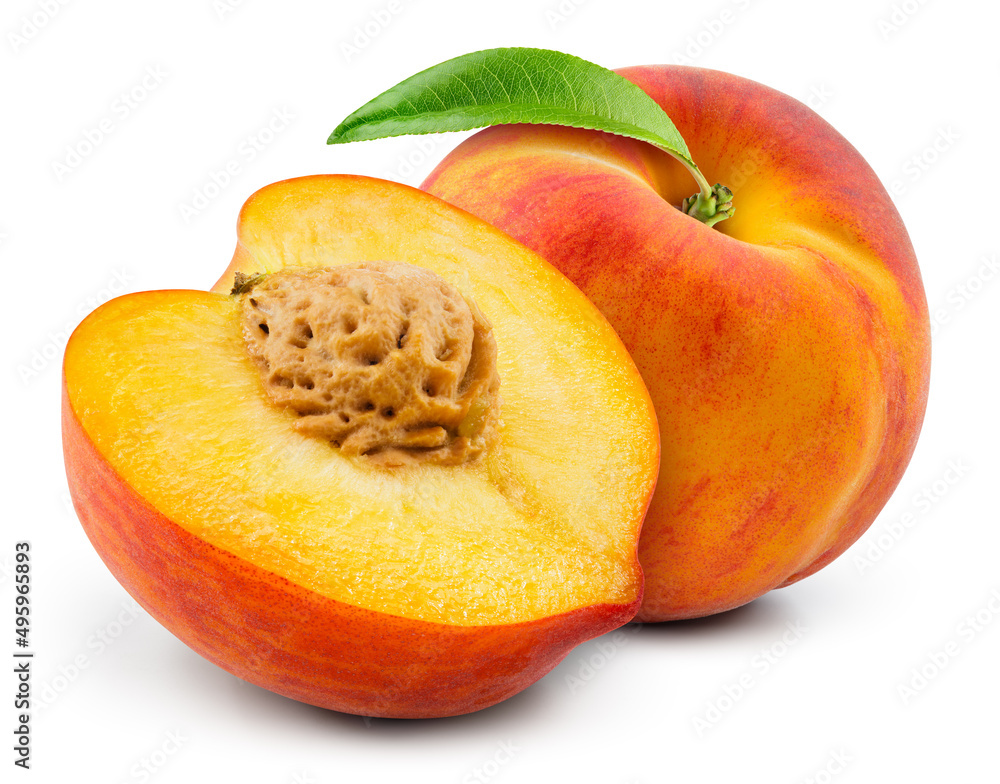 Peach isolated. Whole peach with a half on white background. Peach ...