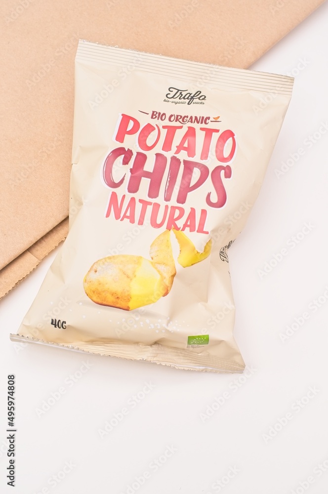 Bio Organic Snacks Concept - Natural Potato Chips in a plastic package ...