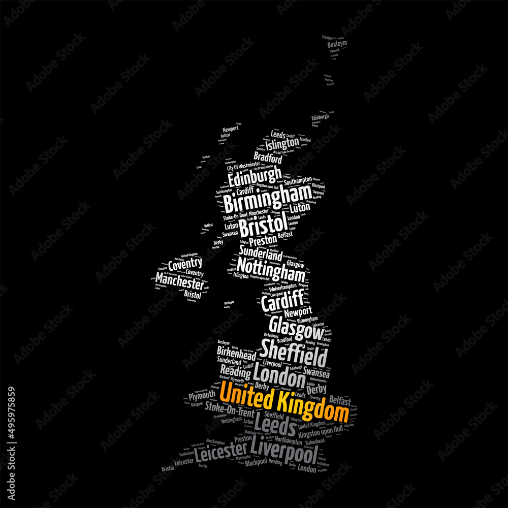 List of cities and towns in UNITED KINGDOM, map word cloud collage ...
