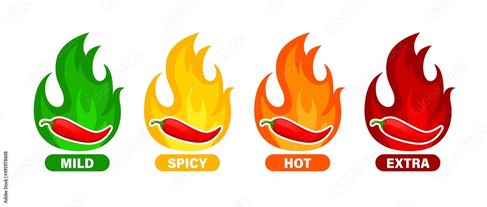 Hot spicy level labels. Pepper chili, cayenne or jalapeno vector labels ...
