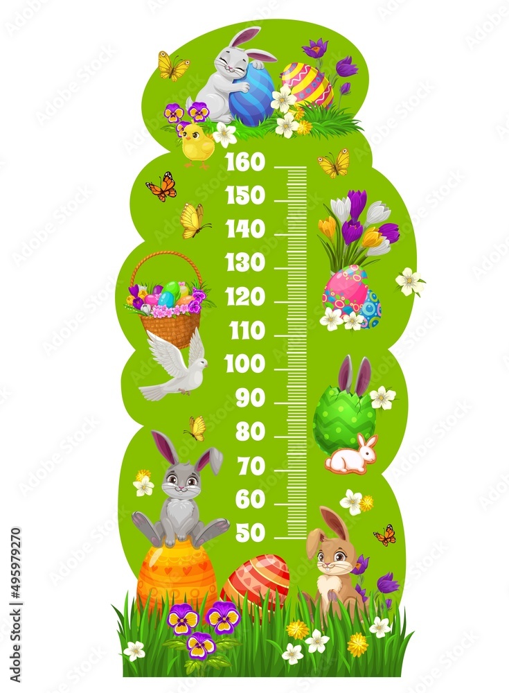Kids height chart, Easter bunnies and eggs growth measure meter. Vector ...