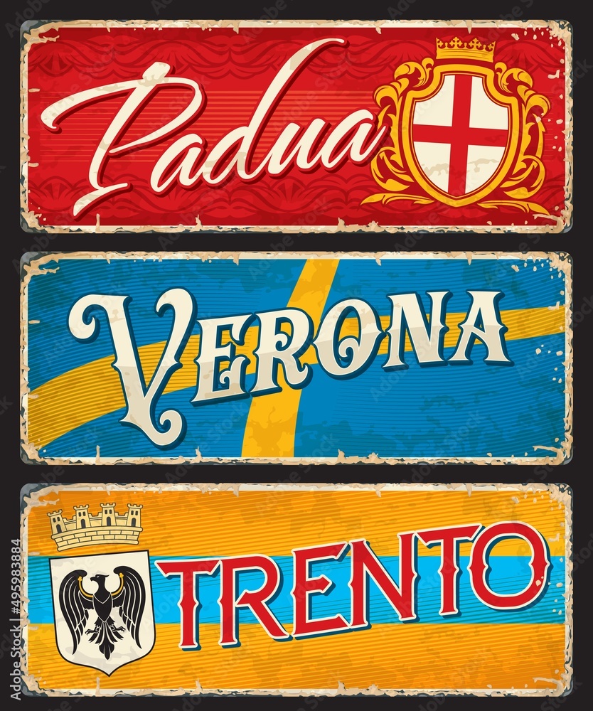 Padua, Verona and Trento italian travel stickers and plates. European ...