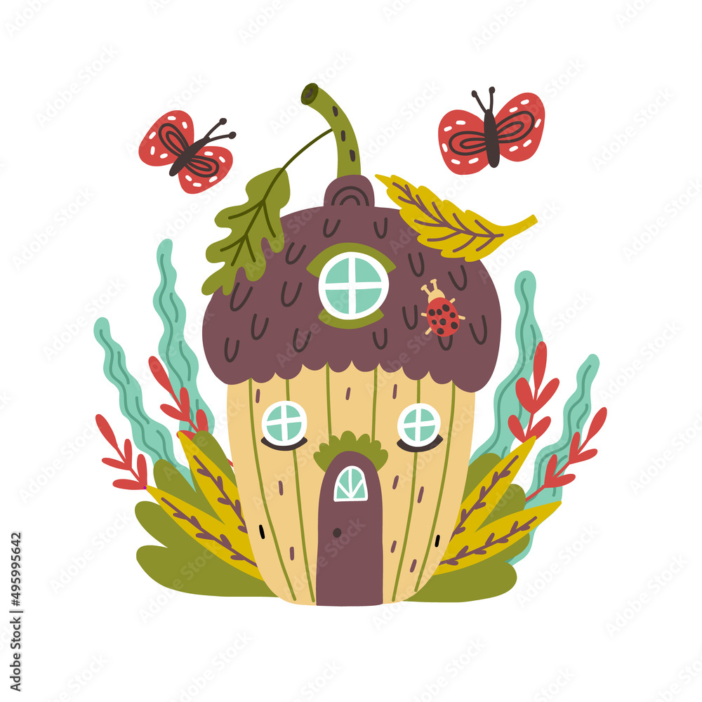 Treehouse walnut acorn vector gnome houses. Fairy elf dwarf magic ...