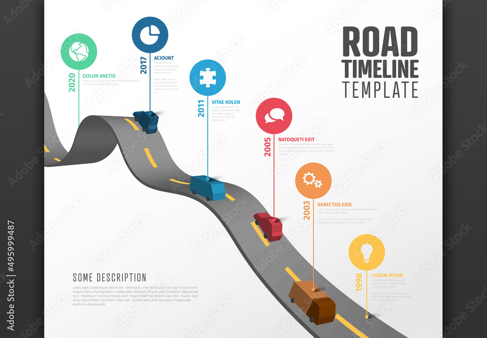 Infographic Road Timeline Layout with Pointers and Simple Cars Stock ...