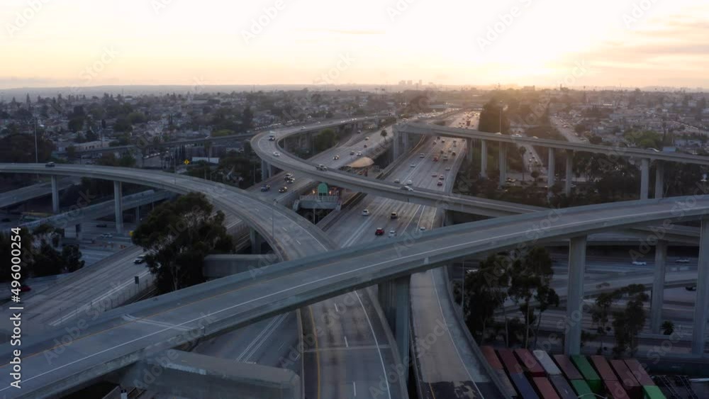Aerial shot of elevated road junction. Drone footage of top view of ...