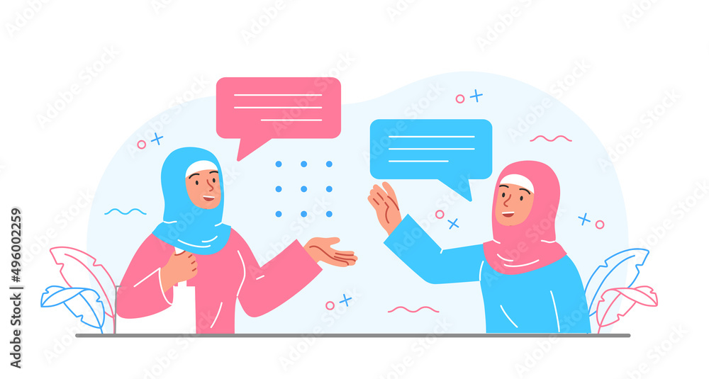 Vektorová grafika „Muslim girls concept. Two women in hijabs greet each ...
