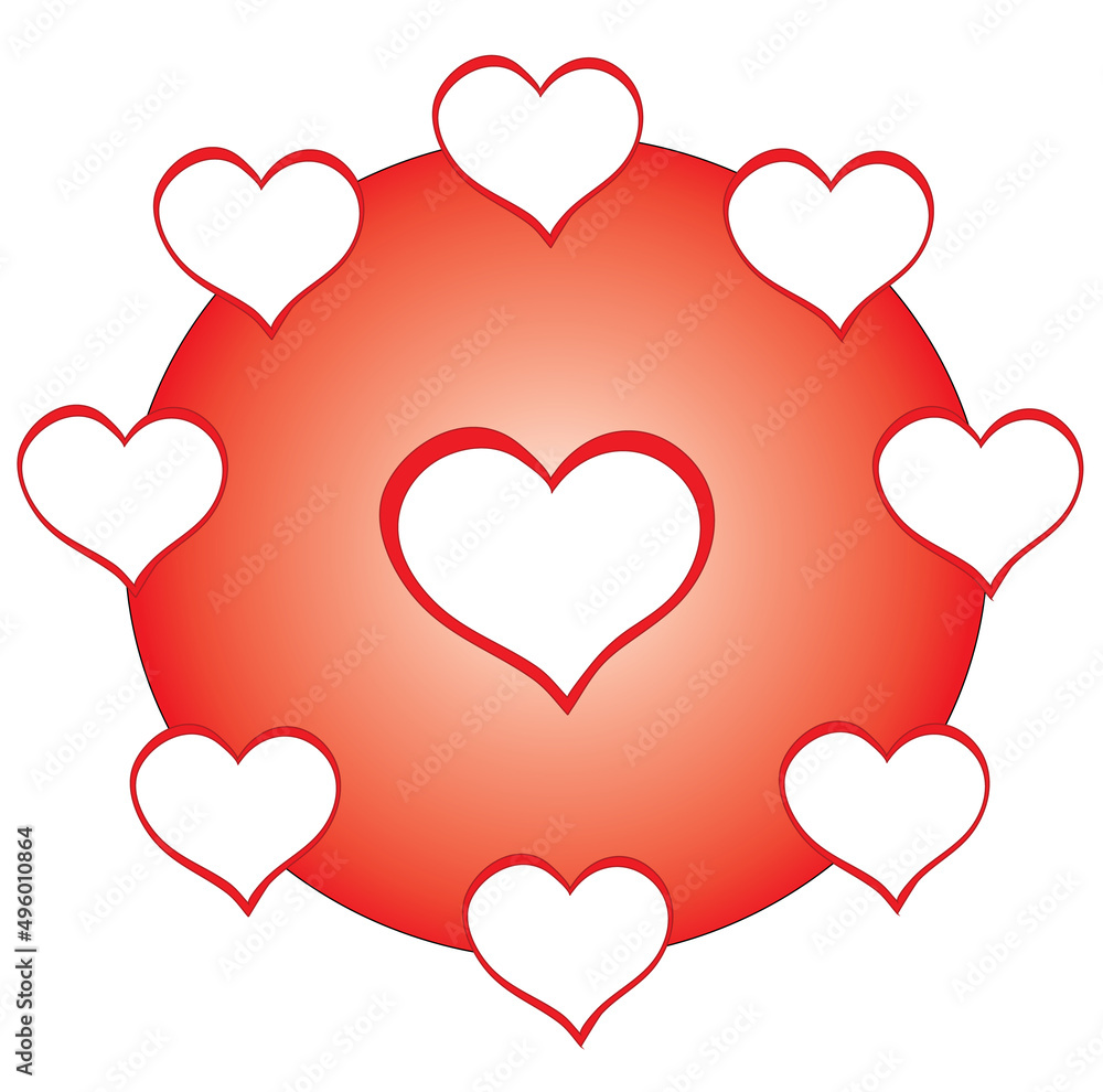 Nine heart frames around the circumference of a circle. Heart objects ...