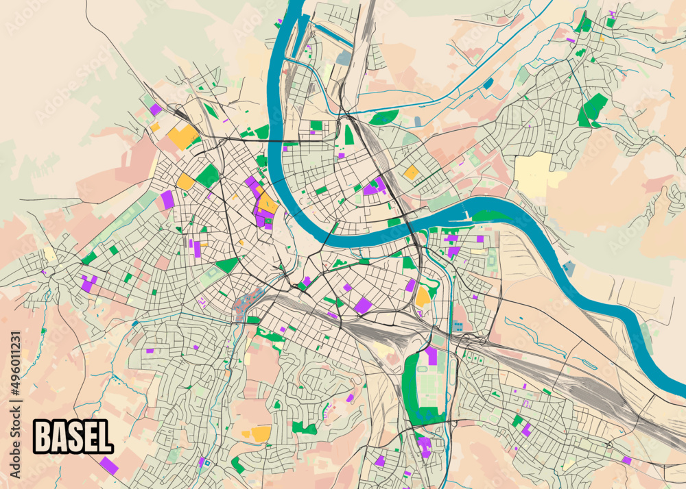 Vector poster editable city map Basel, Switzerland Data From ...