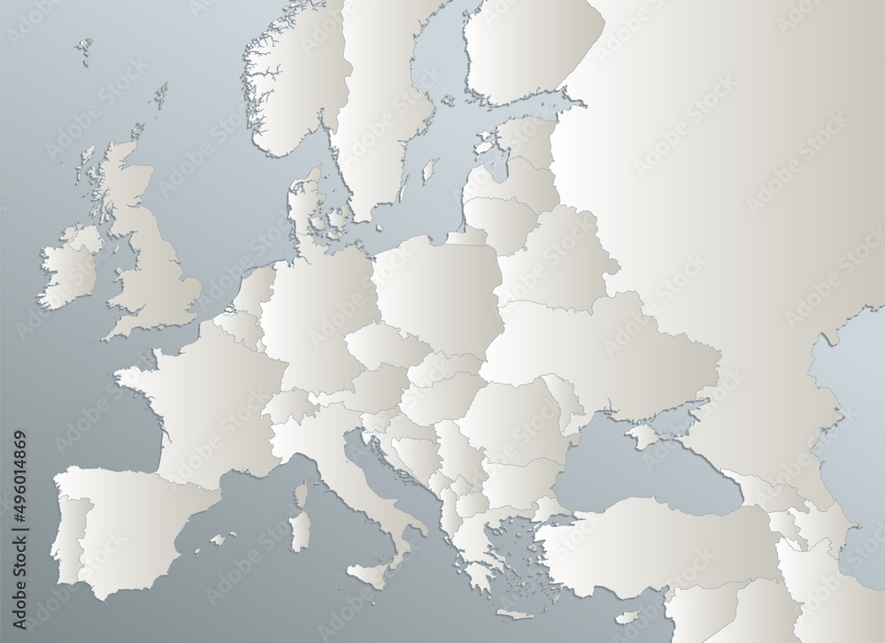 Europe with parts of Asia, detailed map, individual states and islands ...