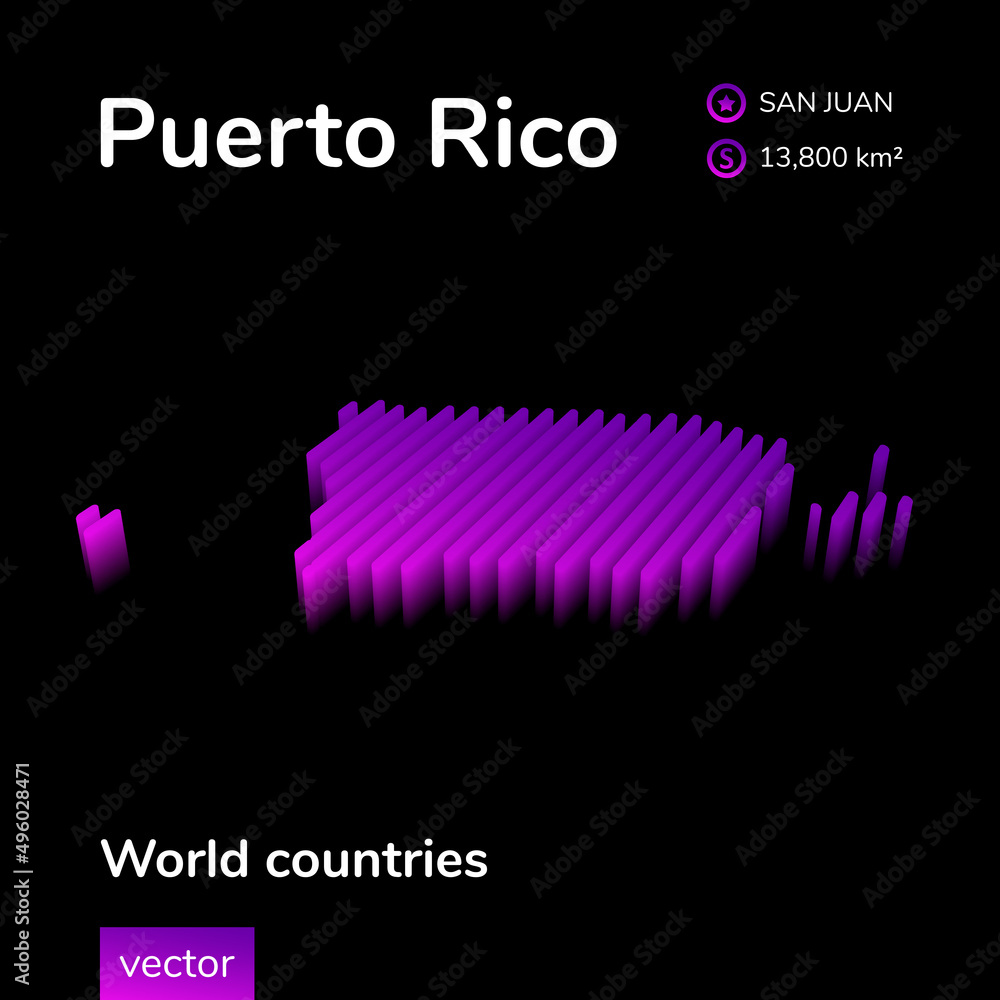 Puerto Rico 3D map. Stylized isometric neon striped vector 3d map. Map ...