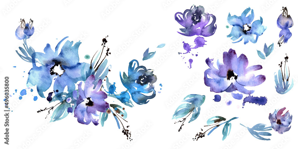 Watercolor purple and blue flowers. Elements for design of greeting ...