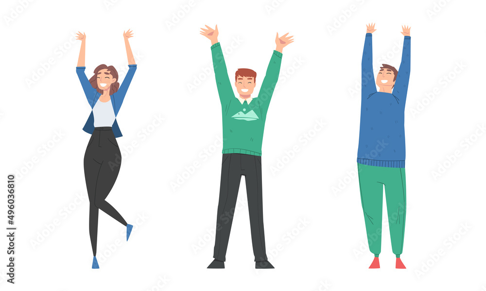 Happy people raising hands celebrating win set. Victory and success ...