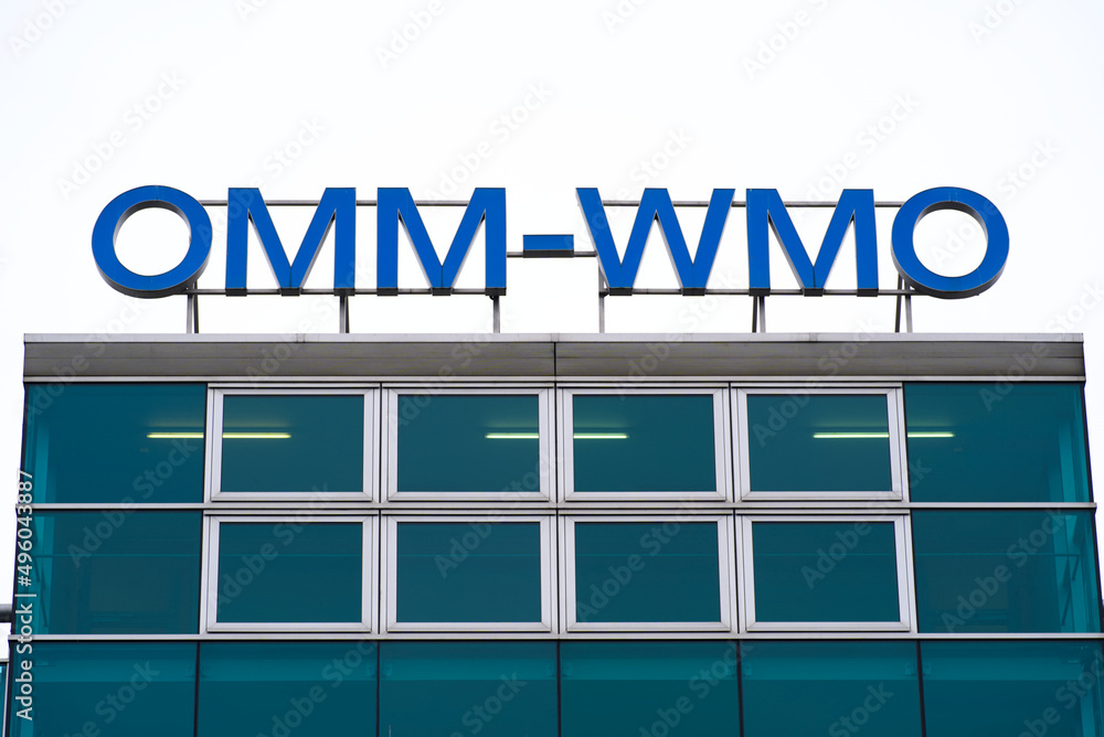 Lettering at modern office tower with headquarters of World ...