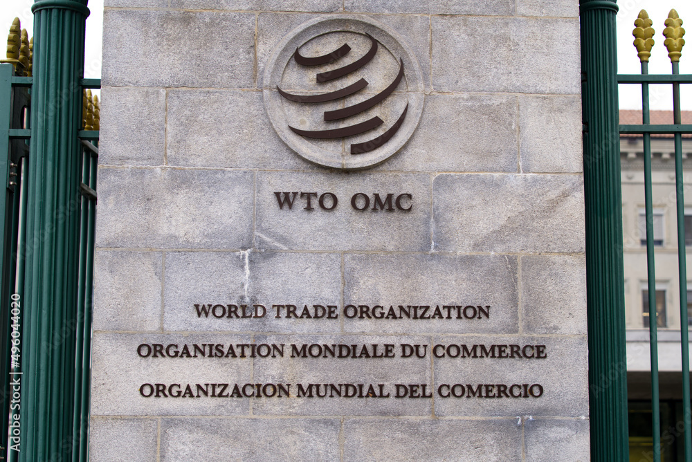 Logo of the headquarters of the World Trade Organization (WTO) with ...