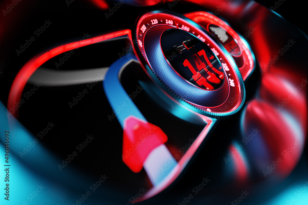 3D illustration of the new car interior details. Speedometer shows a ...