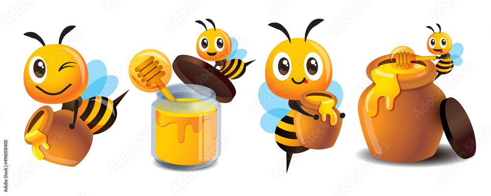 Cartoon cute bee mascot set. Cartoon cute bee with honey pot set. Cute ...