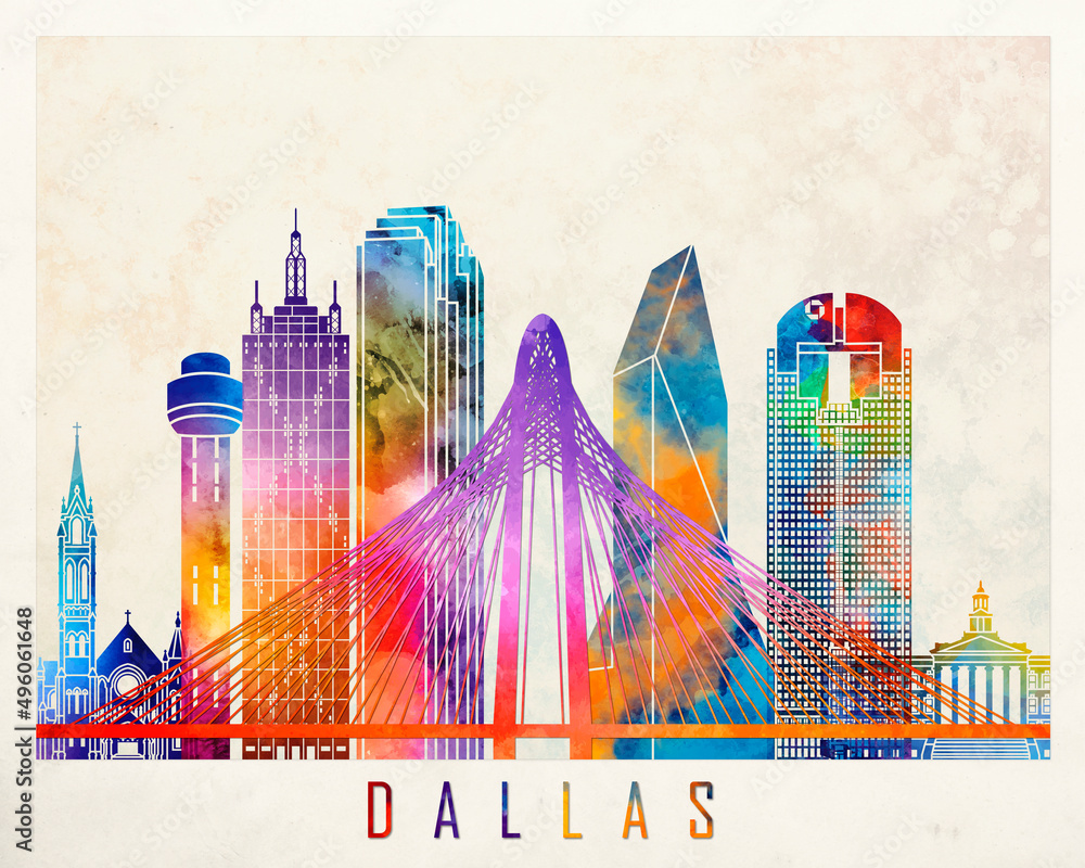 Dallas landmarks watercolor poster Stock Illustration | Adobe Stock