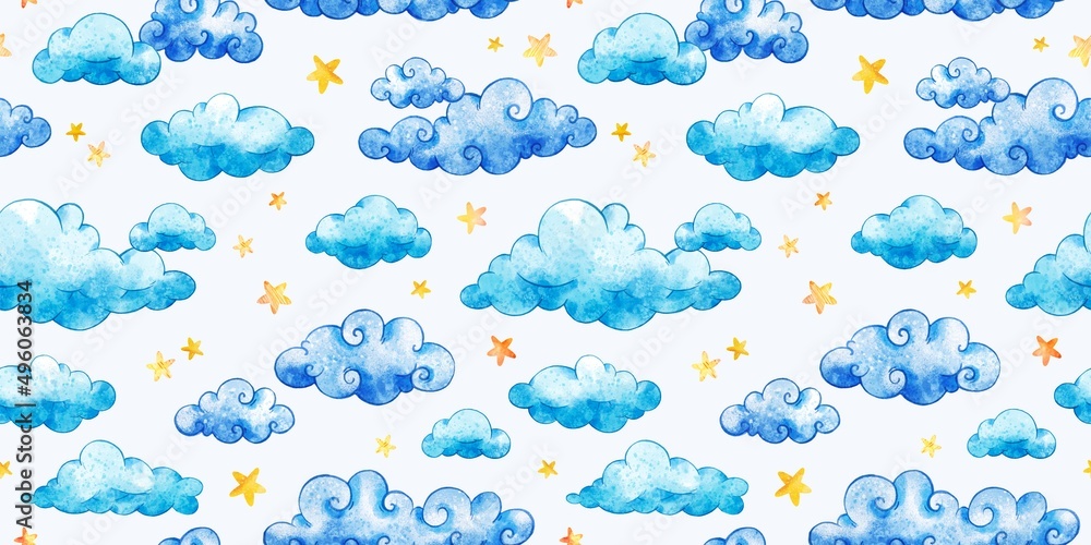 Watercolor seamless pattern with blue clouds and stars. Delicate pastel ...