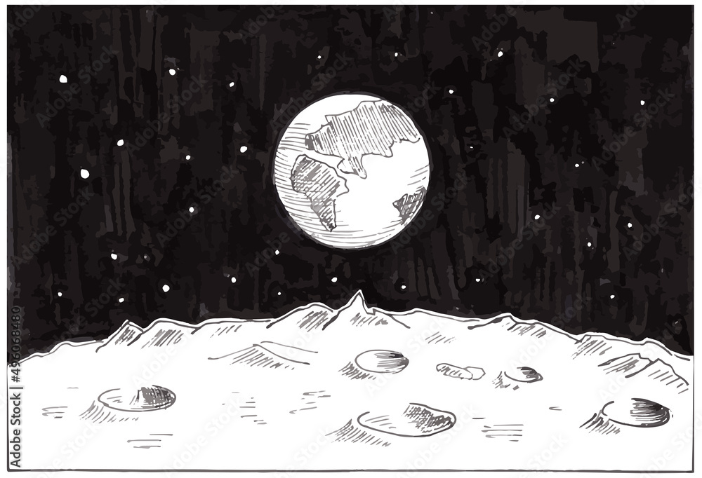 Space. View of the earth from the moon. Hand-drawn illustration. Vector ...