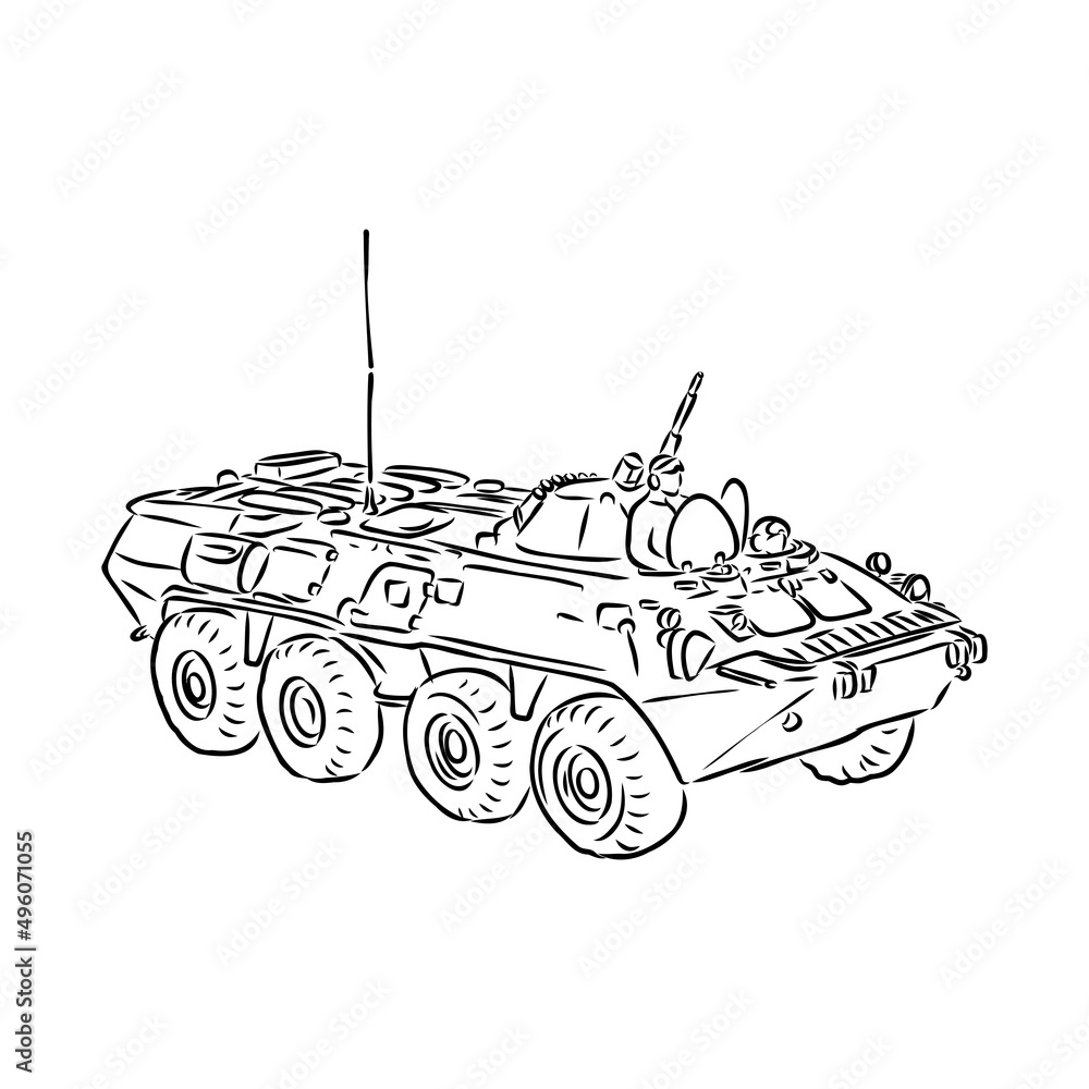 Military machinery hand drawing illustration. Armored personnel carrier ...
