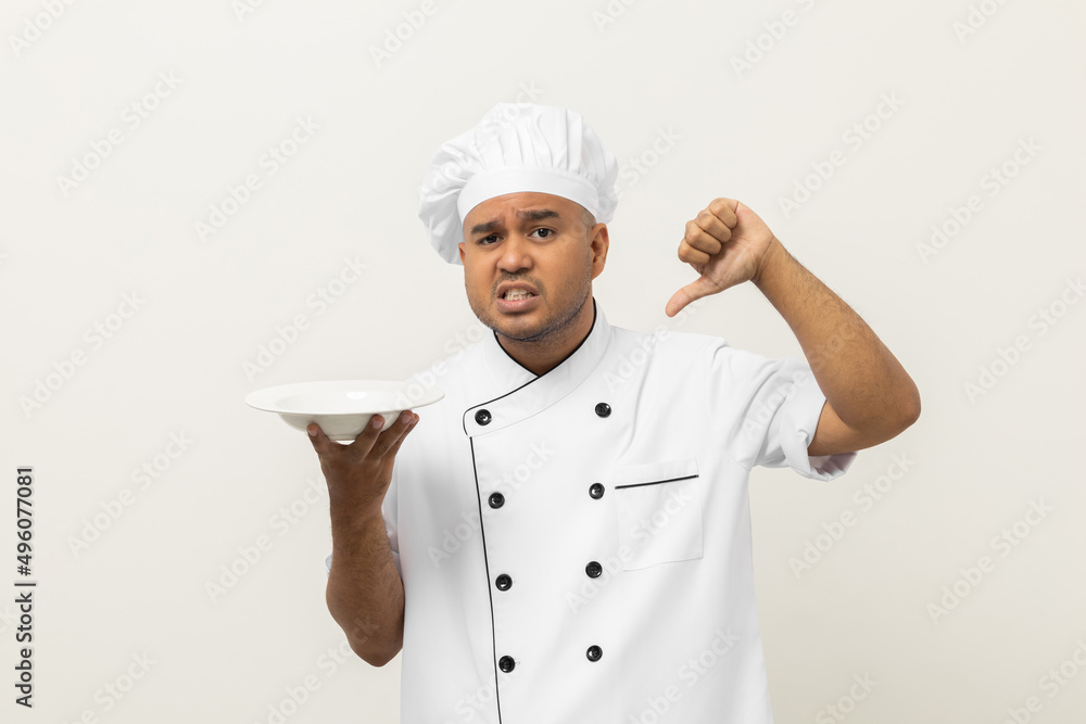 Bad smell and not tasty food. Young asian master chef holding dish has ...