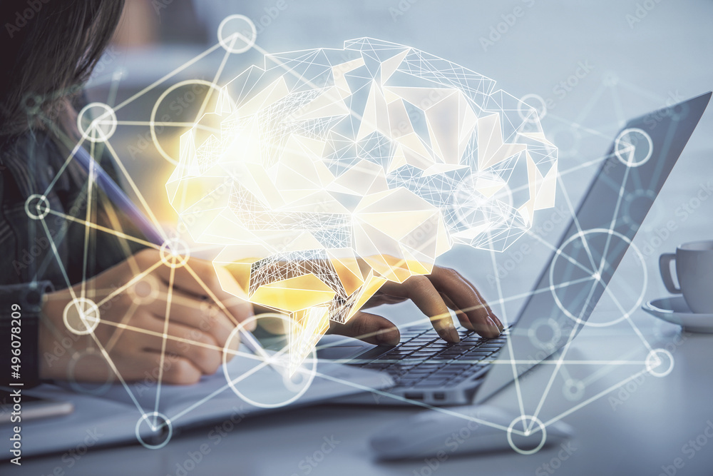 Multi exposure of woman hands working on computer and human brain ...