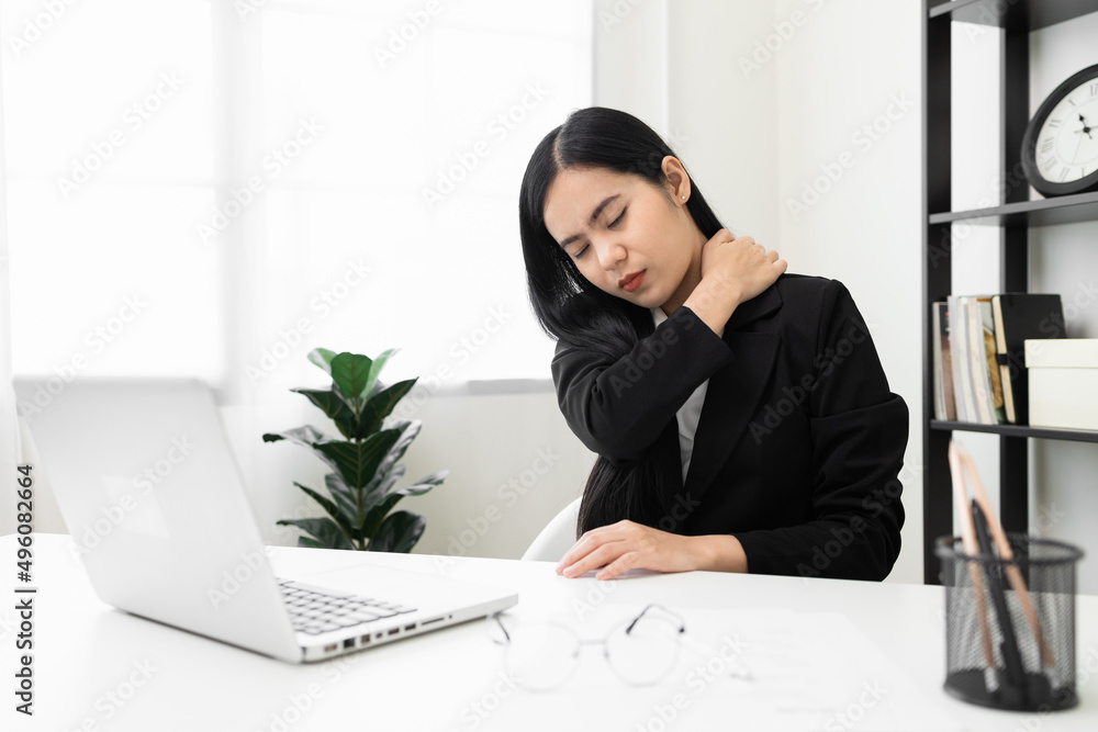 Office syndrome concept, Asian business woman works at computer, she ...