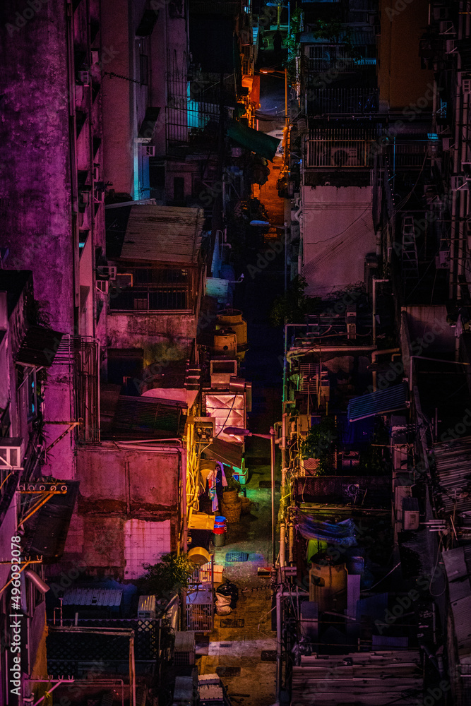 20 Sept 2020 - Kowloon City, Hong Kong: Night in a dark back alley, Old ...