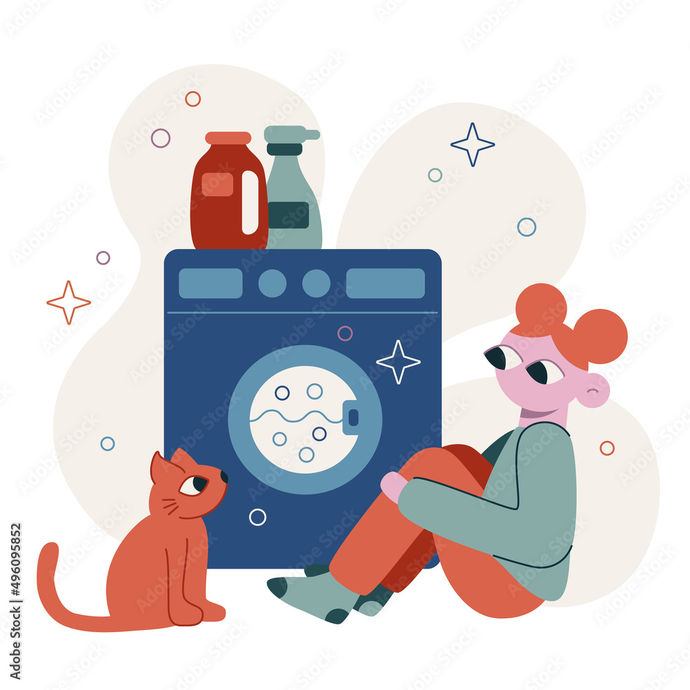 Vector flat cartoon illustration. Housework. Girl is washing clothes in ...